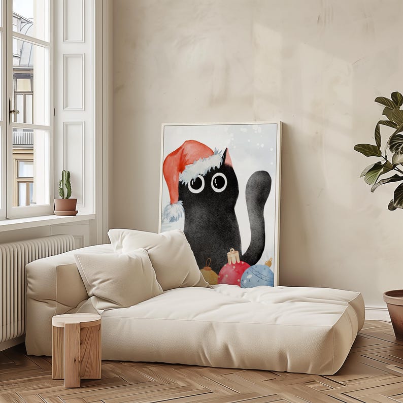 Watercolor Christmas Cat Printable Wall Art, Digital Download, Cute ...