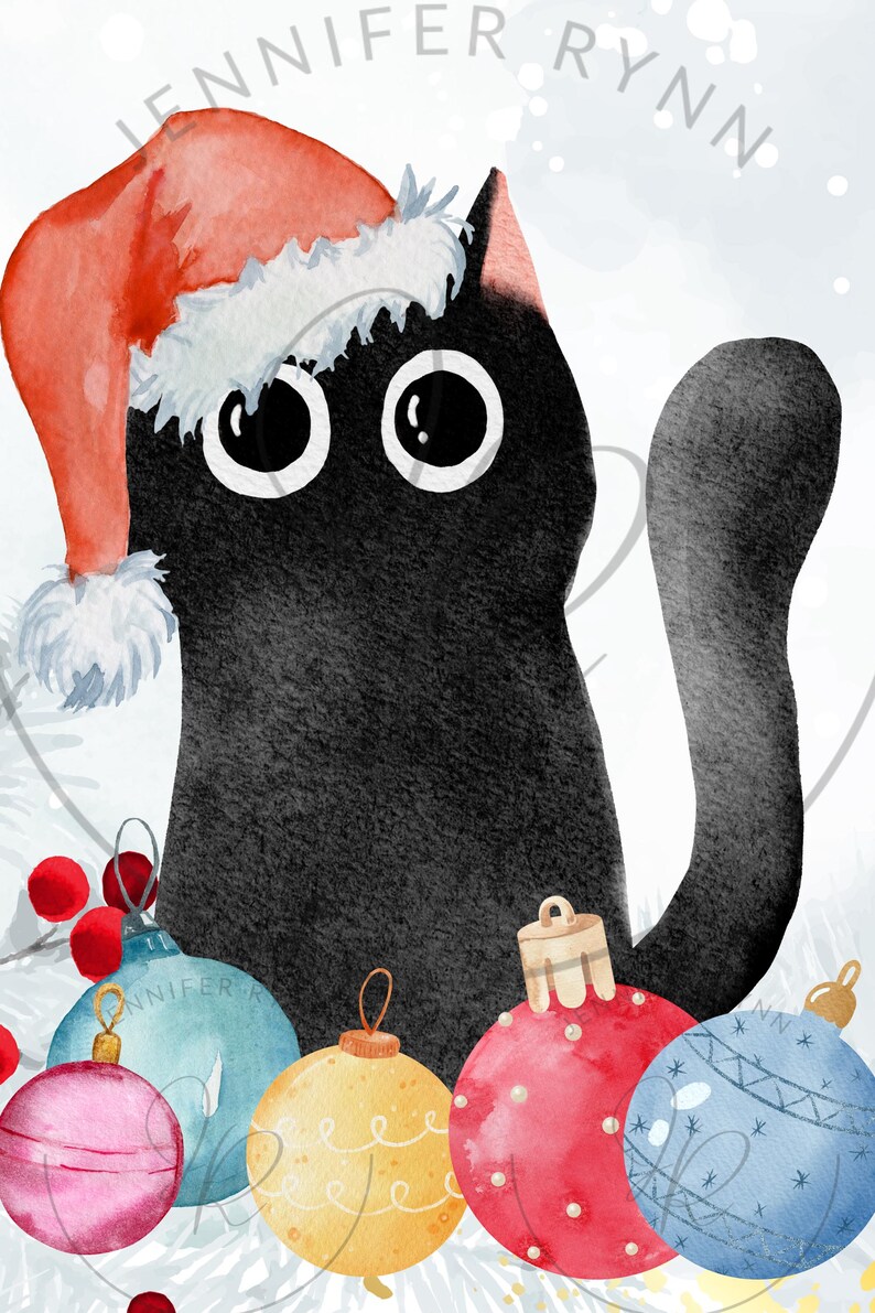 Watercolor Christmas Cat Printable Wall Art, Digital Download, Cute ...