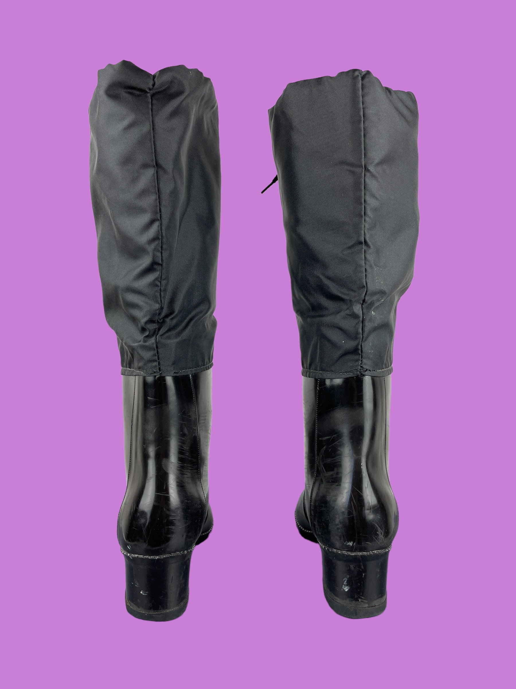 1960s Vintage Mod Tall Heeled Black Sherpa Rain Boots Molded Rubber ...