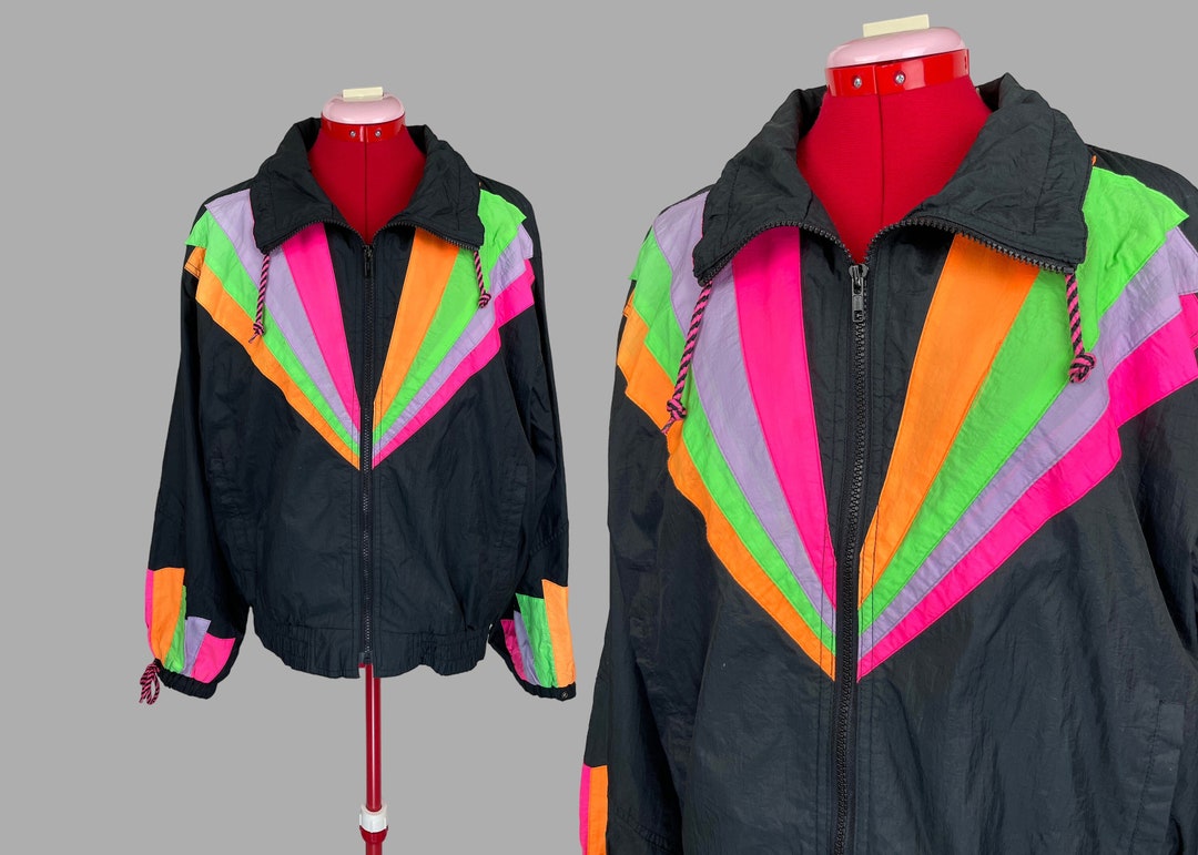 80s Vintage Rainbow Neon Fluorescent Windbreaker Jogger Jacket ...