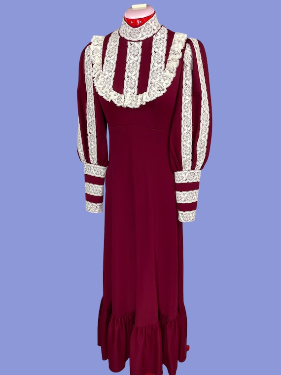 Vintage 1970s Red Prairie Maxi Dress Boho Victorian S… - Gem