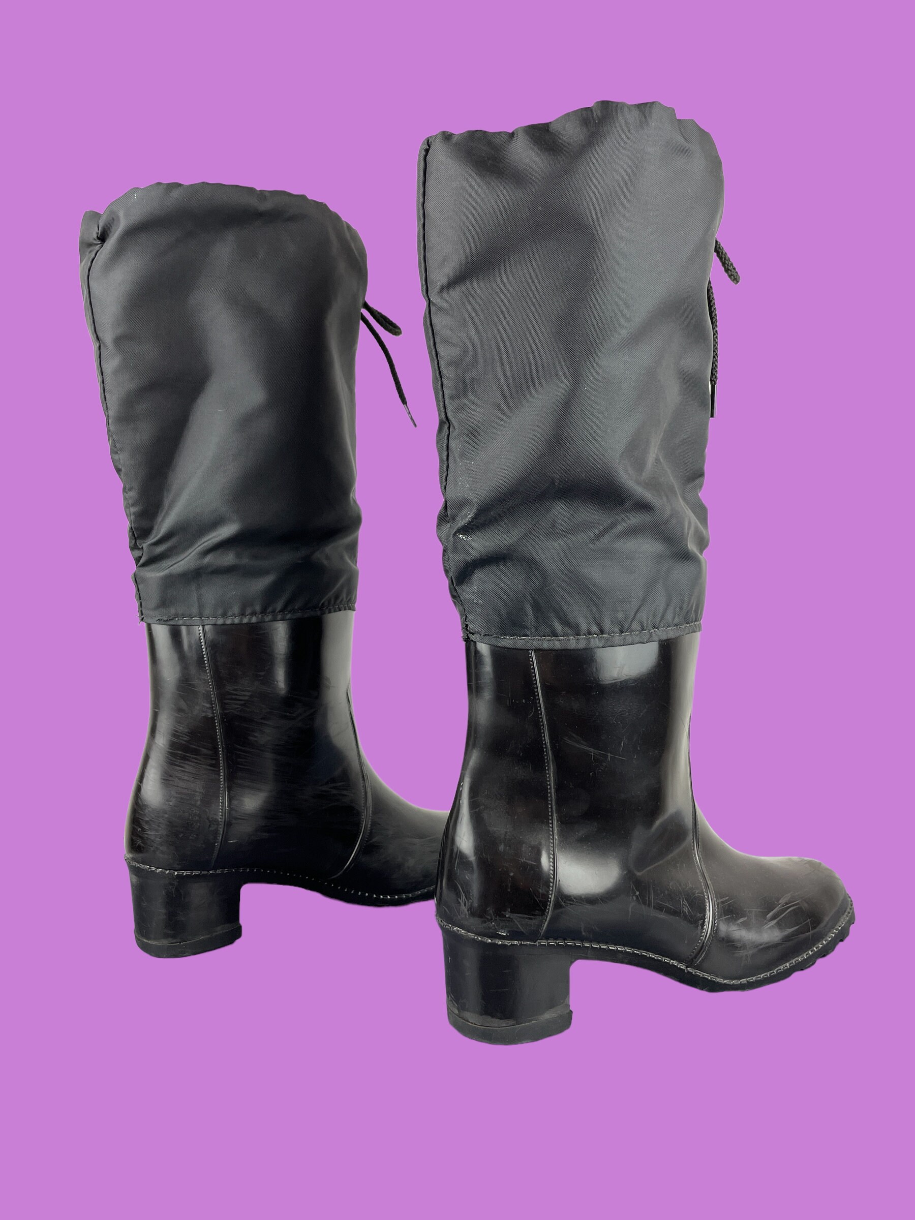 1960s Vintage Mod Tall Heeled Black Sherpa Rain Boots Molded Rubber ...