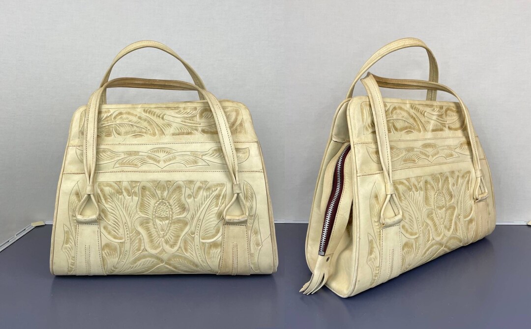 Vtg 1970s Cream Tooled Leather Large Boho Handbag Purse - Etsy