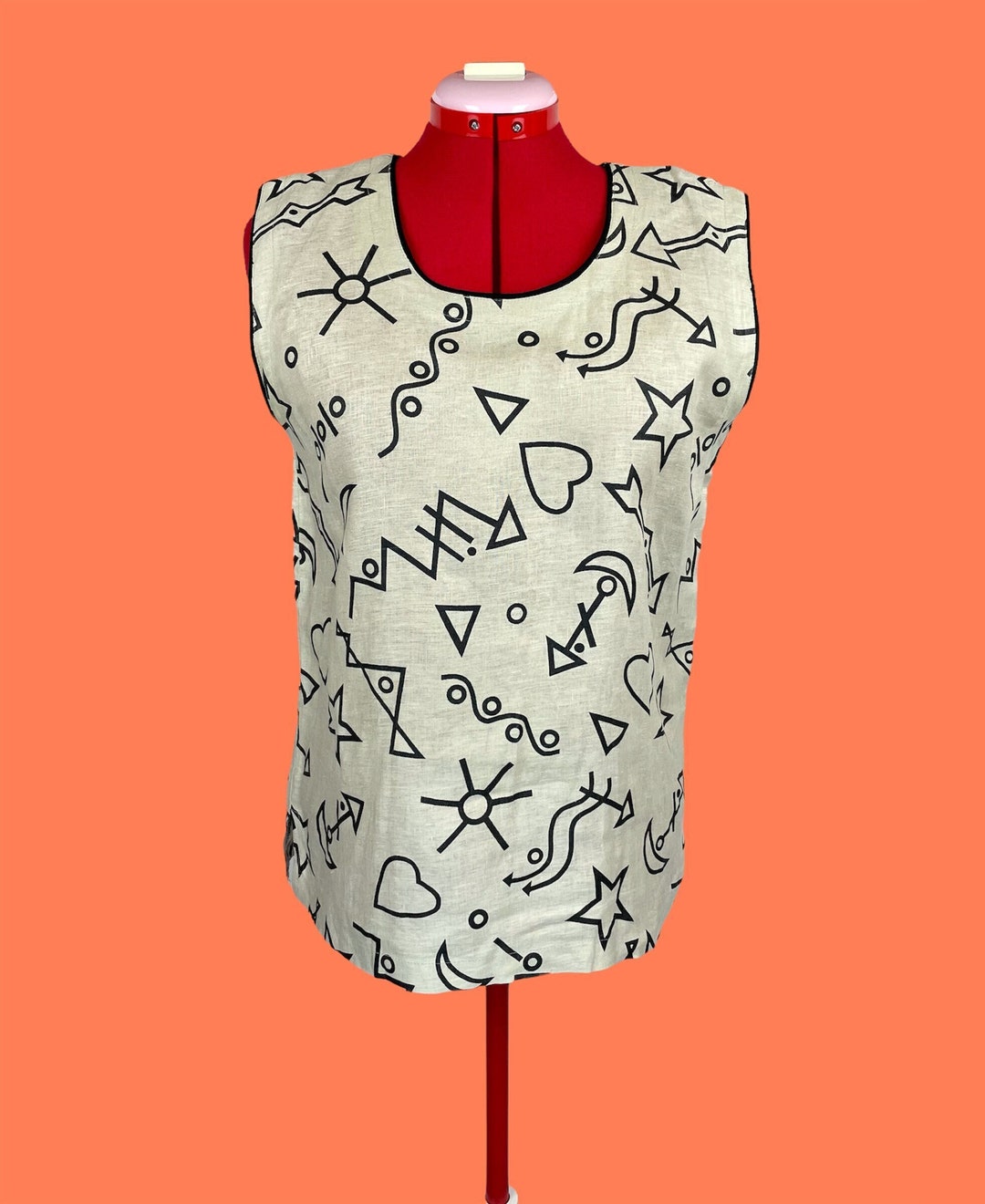 90s Vintage Linen Symbols Print Sleeveless Blouse Top Quirky Art to ...