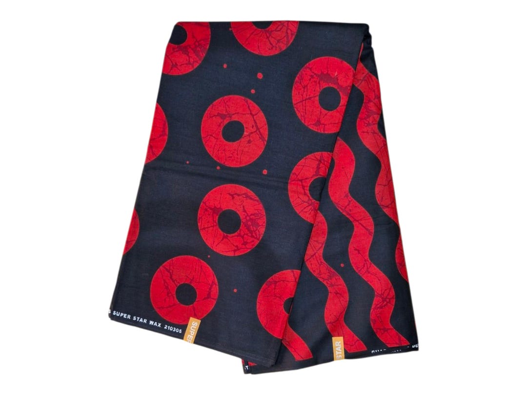 African Ankara Fabric Black and Red Wax Print With Bold Circle & Wave ...