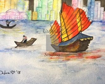 Hong Kong, Symbol Traditional Chinese Junk, in 1950 Fishing at HK ...