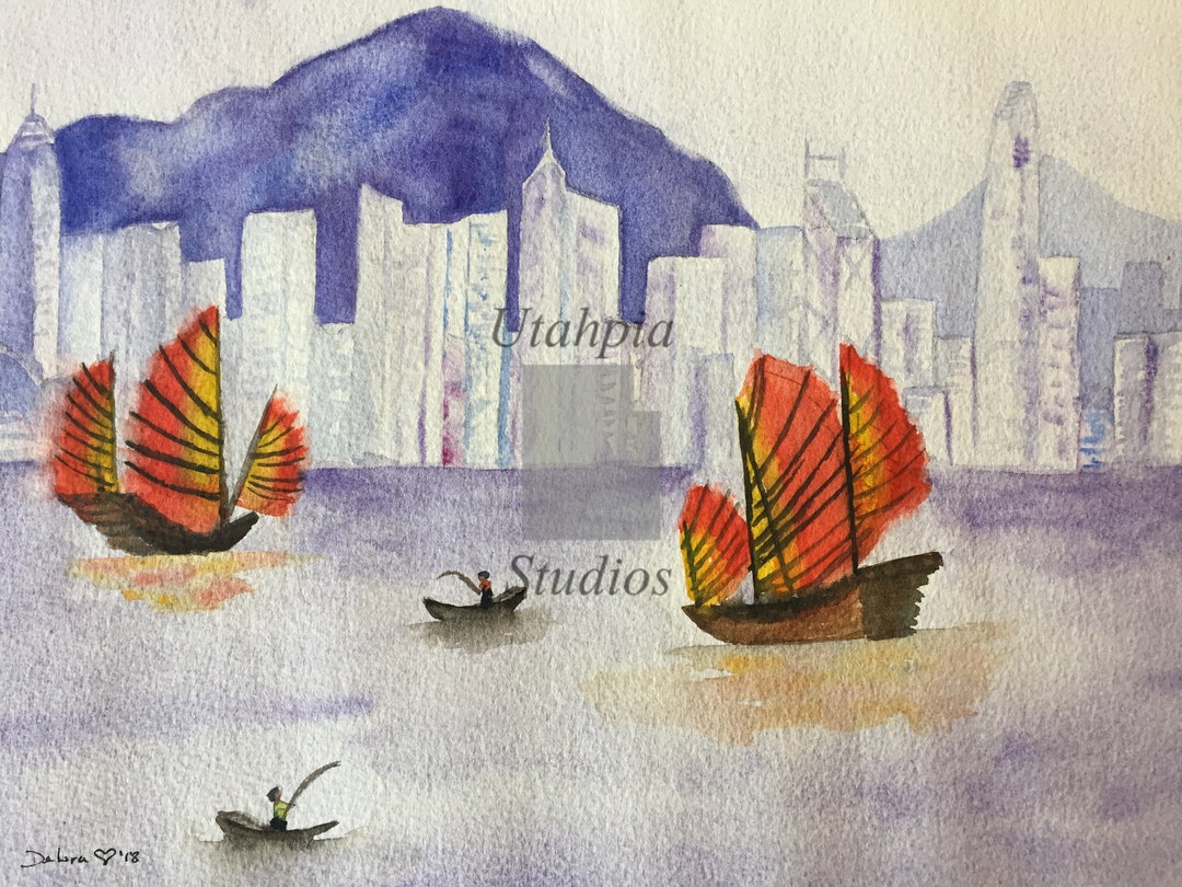 10x14 Classic Junk Boats Hong Kong Harbor Purple Original Watercolor ...