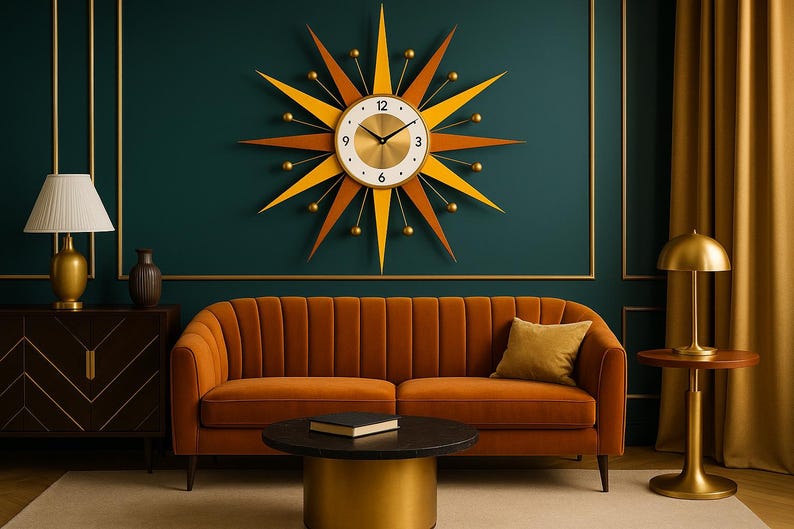Mid Century Modern Starburst Wall Clock: Yellow & Orange Atomic Decor ...