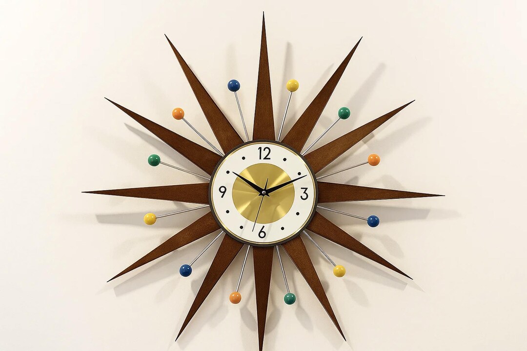 Atomic Starburst Clock, Mid Century Modern Decor, Walnut & Colorful ...