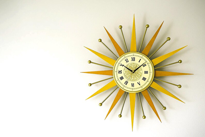 Mid-century Modern Sunburst Wall Clock: 22