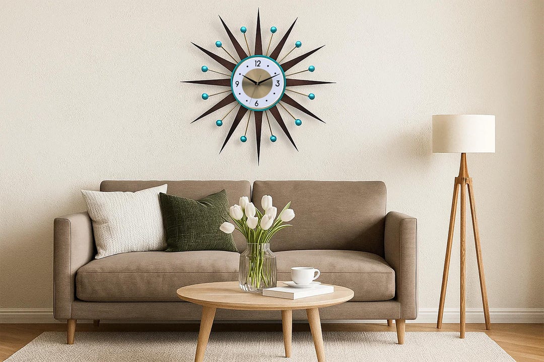 Mid Century Modern Starburst Clock: Teal & Walnut Atomic Wall Decor - Etsy