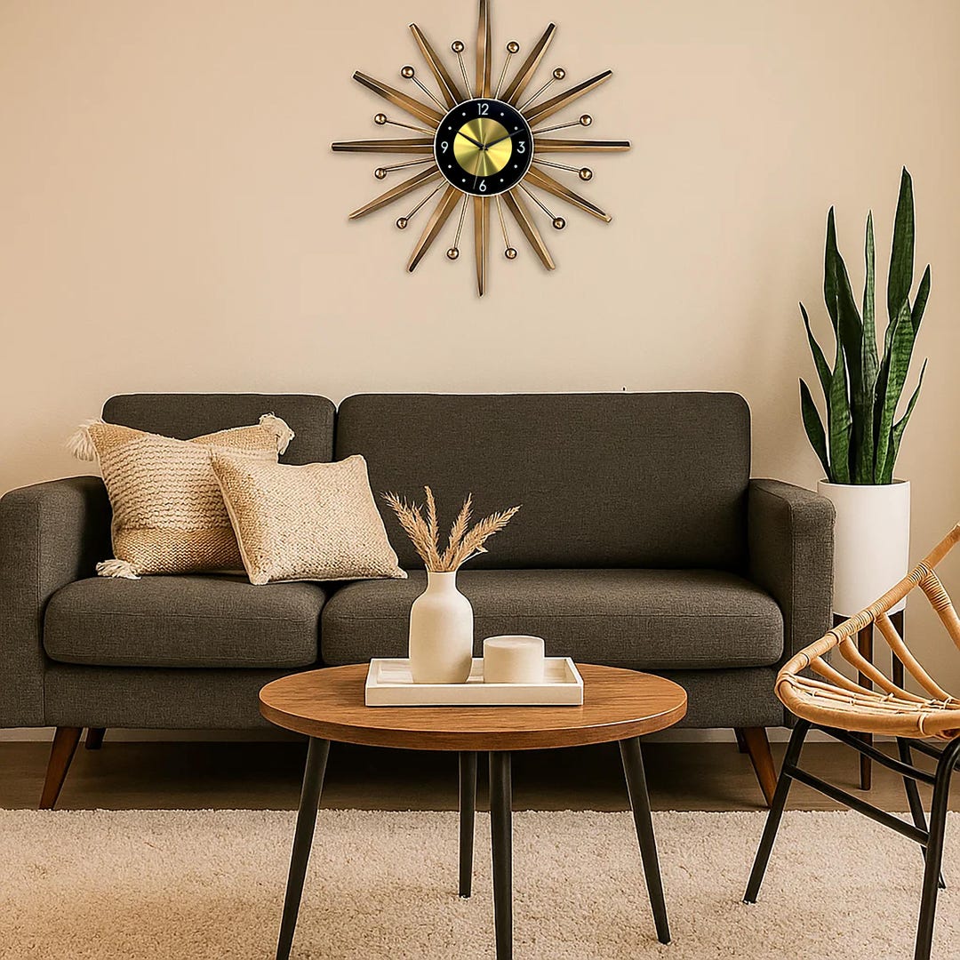 Mid Century Modern Starburst Wall Clock – Gold Chrome Replica, Retro ...