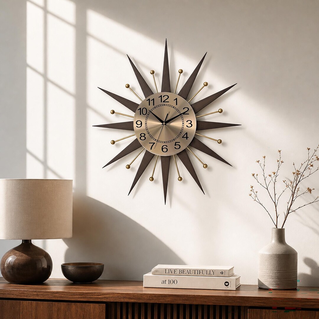 Mid Century Sunburst Clock, Walnut Wood Rays, Brushed Bronze Dial ...