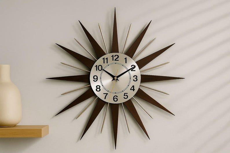 Mid Century Modern Starburst Wall Clock, Walnut & Silver, Retro Decor ...