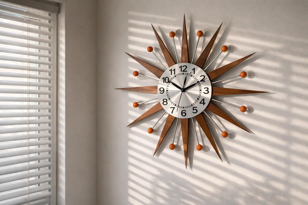 Mid Century Modern Starburst Clock, Walnut Brown & Orange Atomic Retro ...