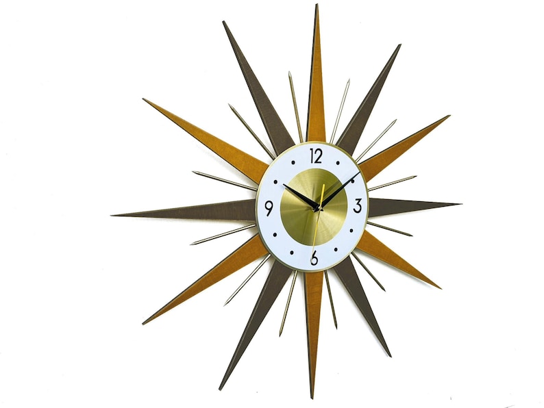 Mid Century Modern Starburst Wall Clock: Walnut & Gold Atomic Design - Etsy
