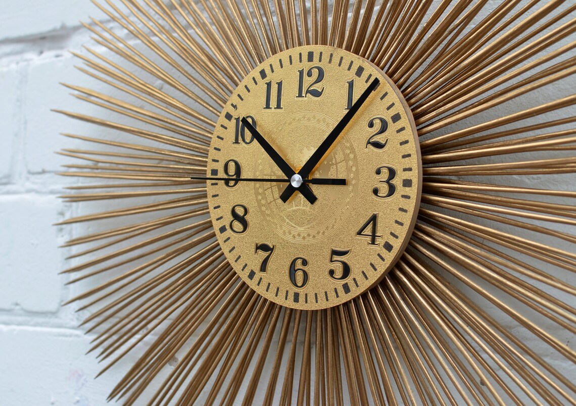 19 Gold Sunburst wall clock Modern wall clock Wood clock | Etsy
