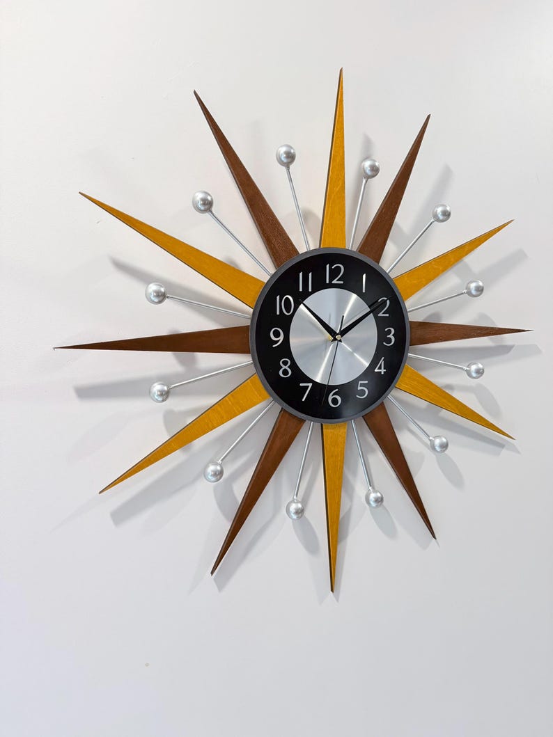Mid Century Modern Starburst Wall Clock | Yellow Burgundy Atomic Decor ...