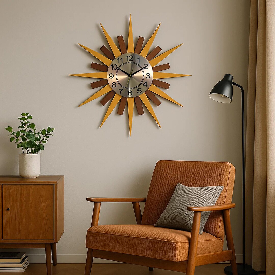 Mid-century Modern Sunburst Wall Clock – Gold & Walnut Rays – Retro ...