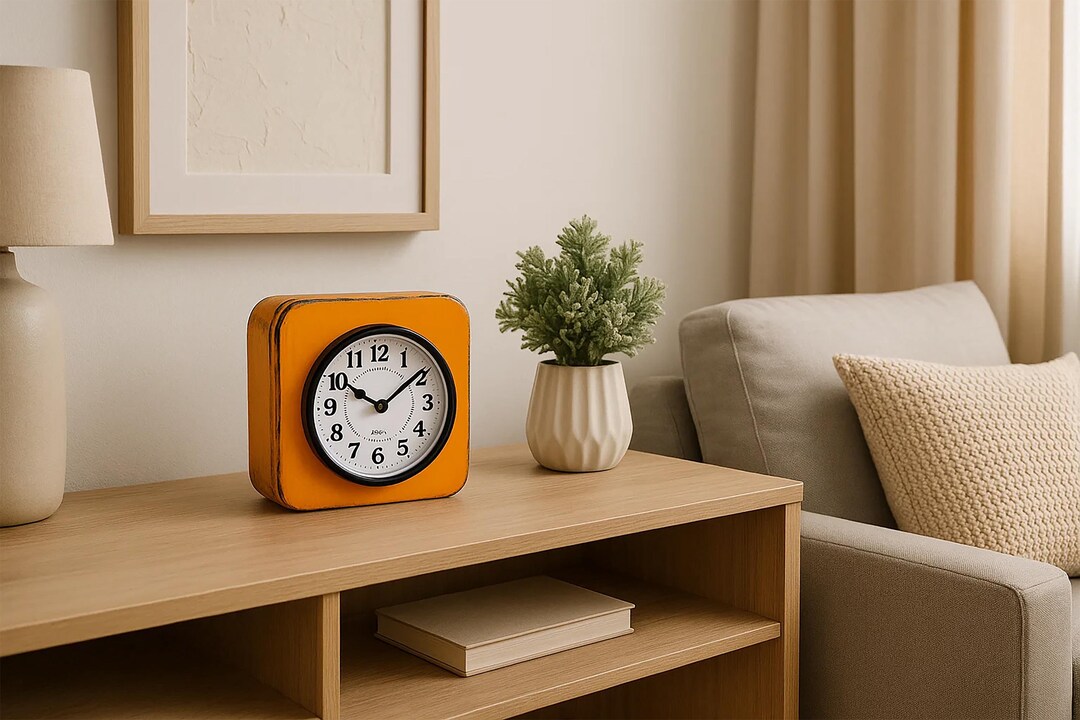 Orange Wood Table Clock: Art Deco Style, Handmade Desk Decor - Etsy