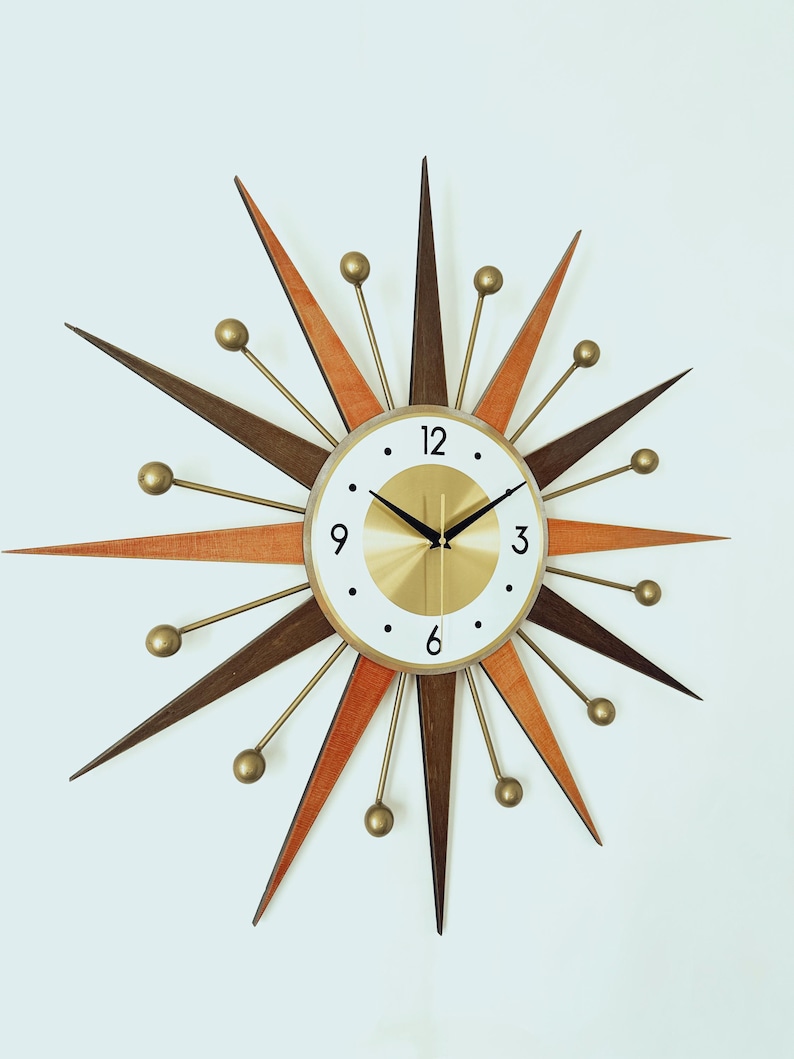 Handmade Mid Century Modern Starburst Clock: Walnut & Orange Atomic ...