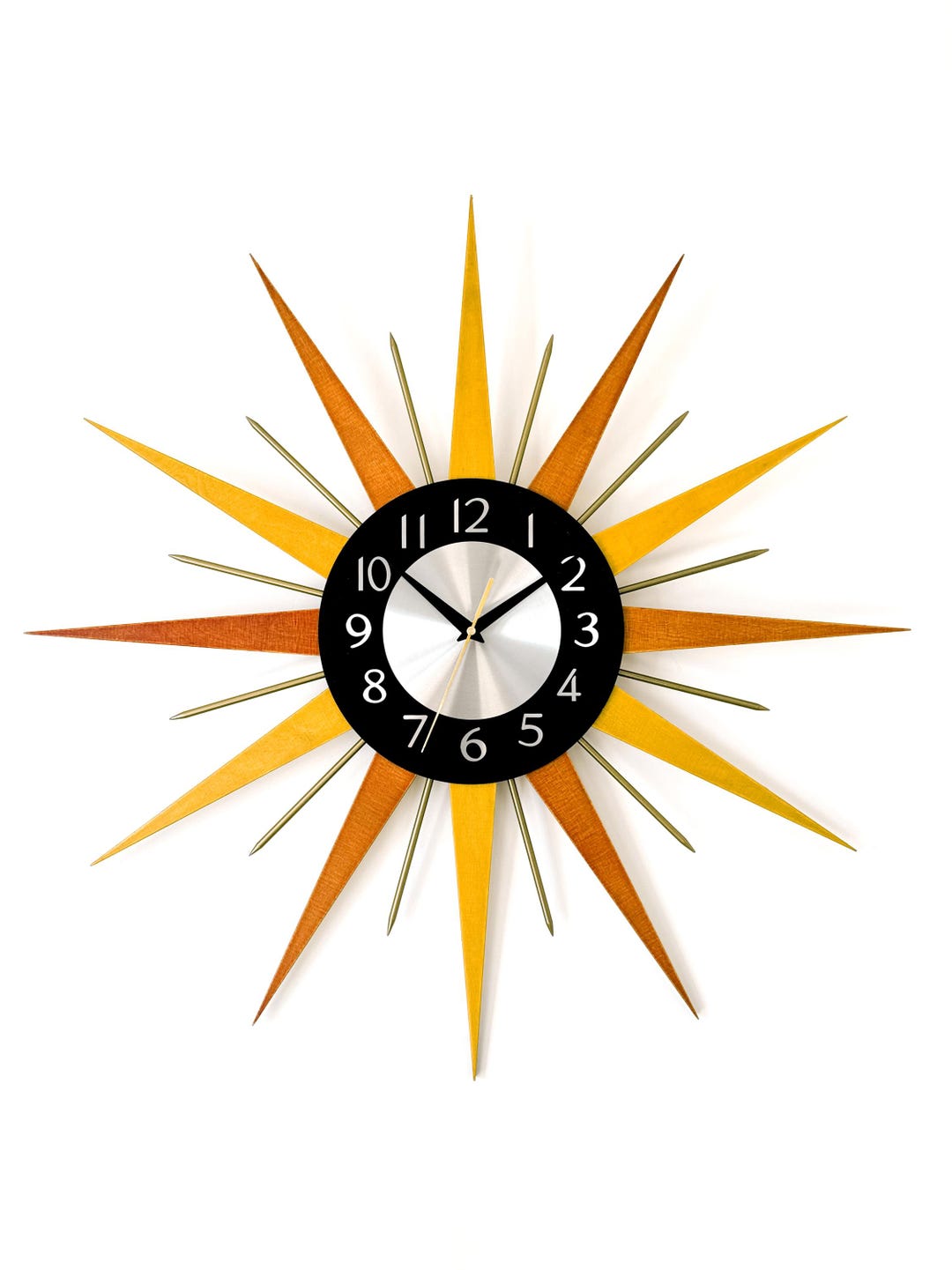 Handmade Mid Century Modern Starburst Wall Clock: Orange Yellow & Black ...