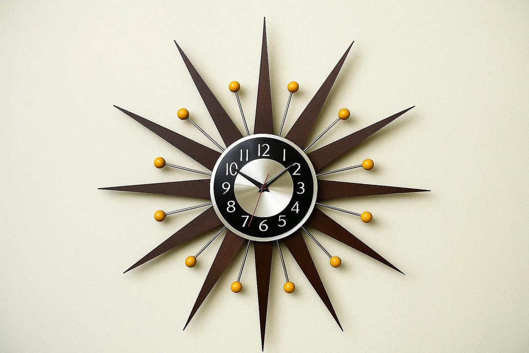 Yellow Mid Century Modern Sunburst Wall Clock, Retro Starburst Clock ...