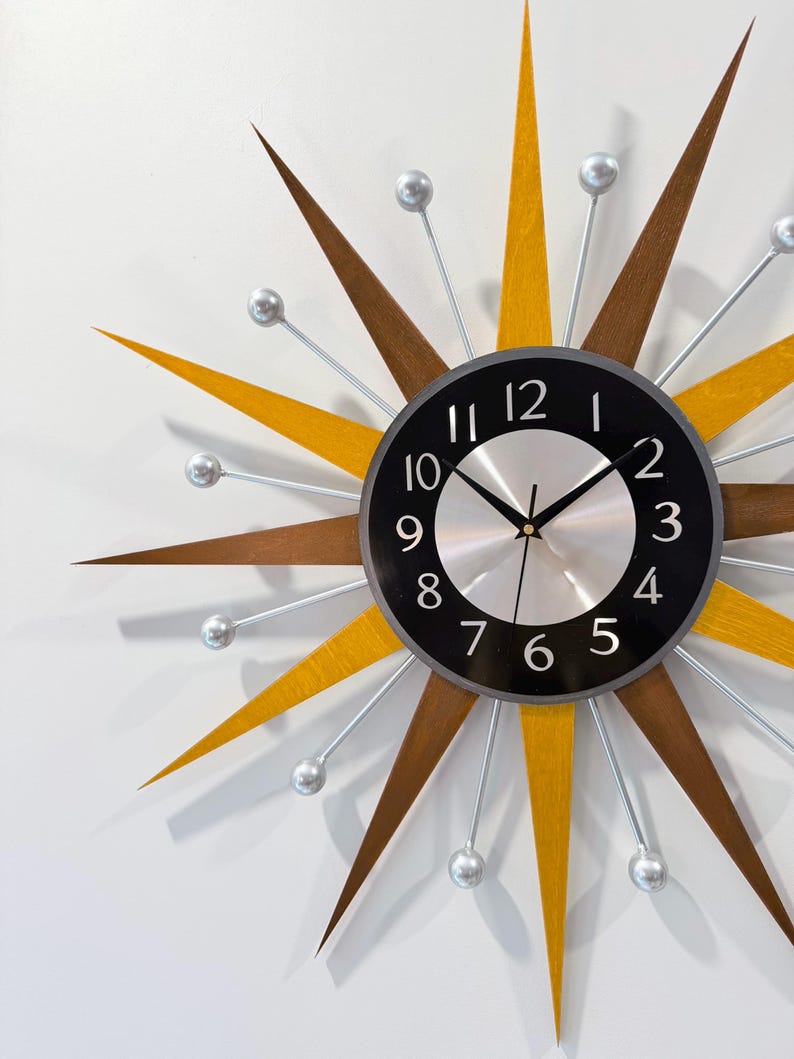 Mid Century Modern Starburst Wall Clock | Yellow Burgundy Atomic Decor ...