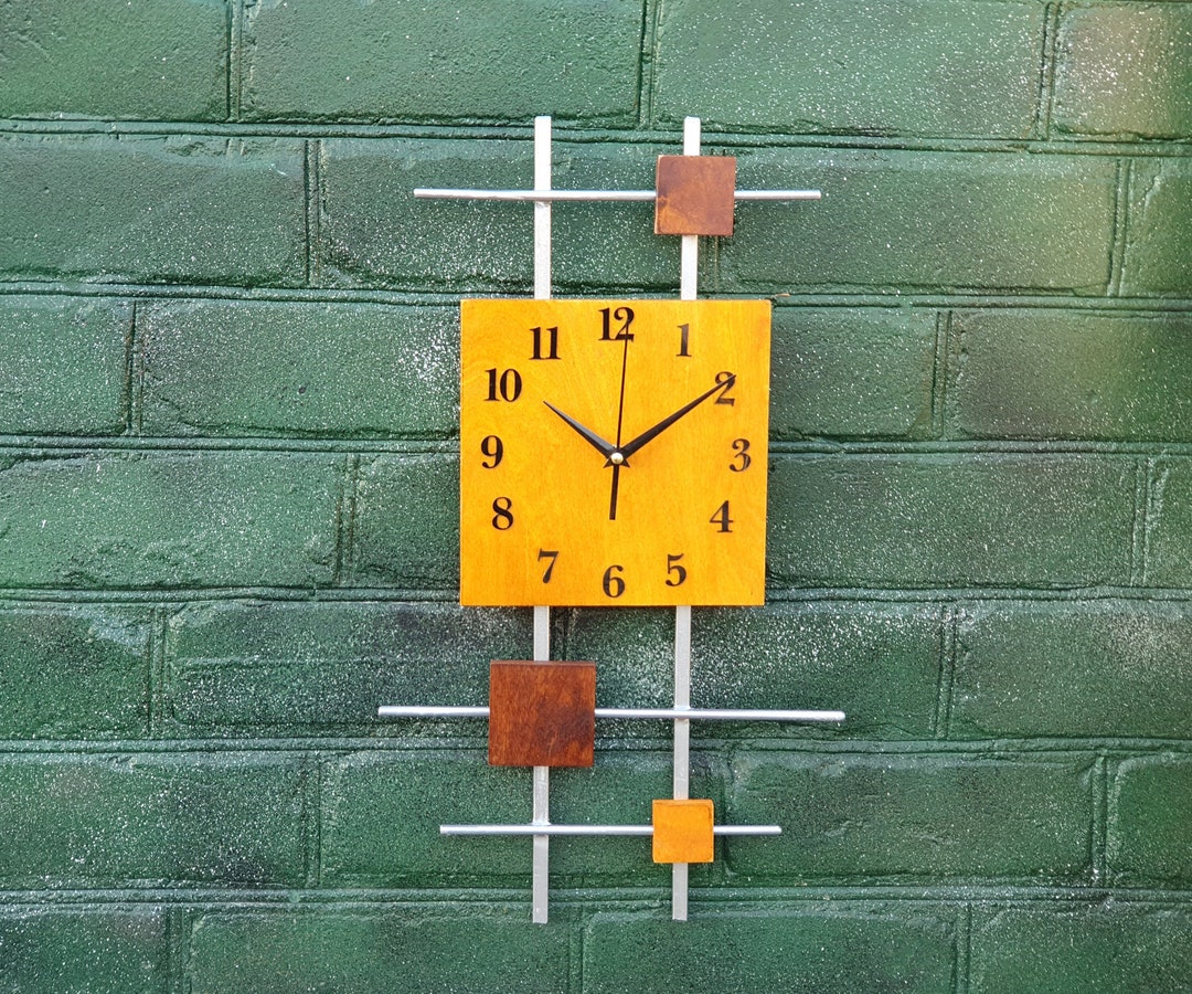 Wall Clock Yellow Silver Clock Face Mid Century Modern Retro Wall Clock ...