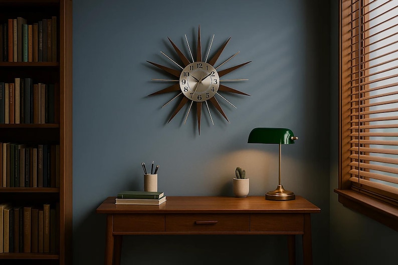 Mid Century Modern Starburst Wall Clock, Walnut & Silver, Retro Decor ...