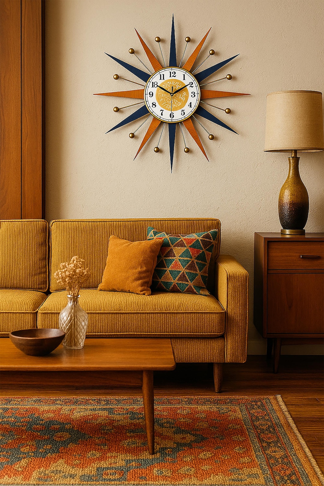 Handmade Atomic Starburst Wall Clock: 1970s Style, Black & Burnt Orange ...