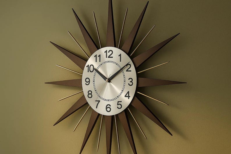 Mid Century Modern Starburst Wall Clock, Walnut & Silver, Retro Decor ...