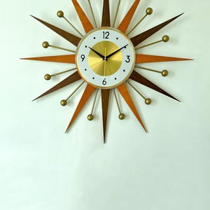 Handmade Mid Century Modern Starburst Clock: Walnut & Orange Atomic ...