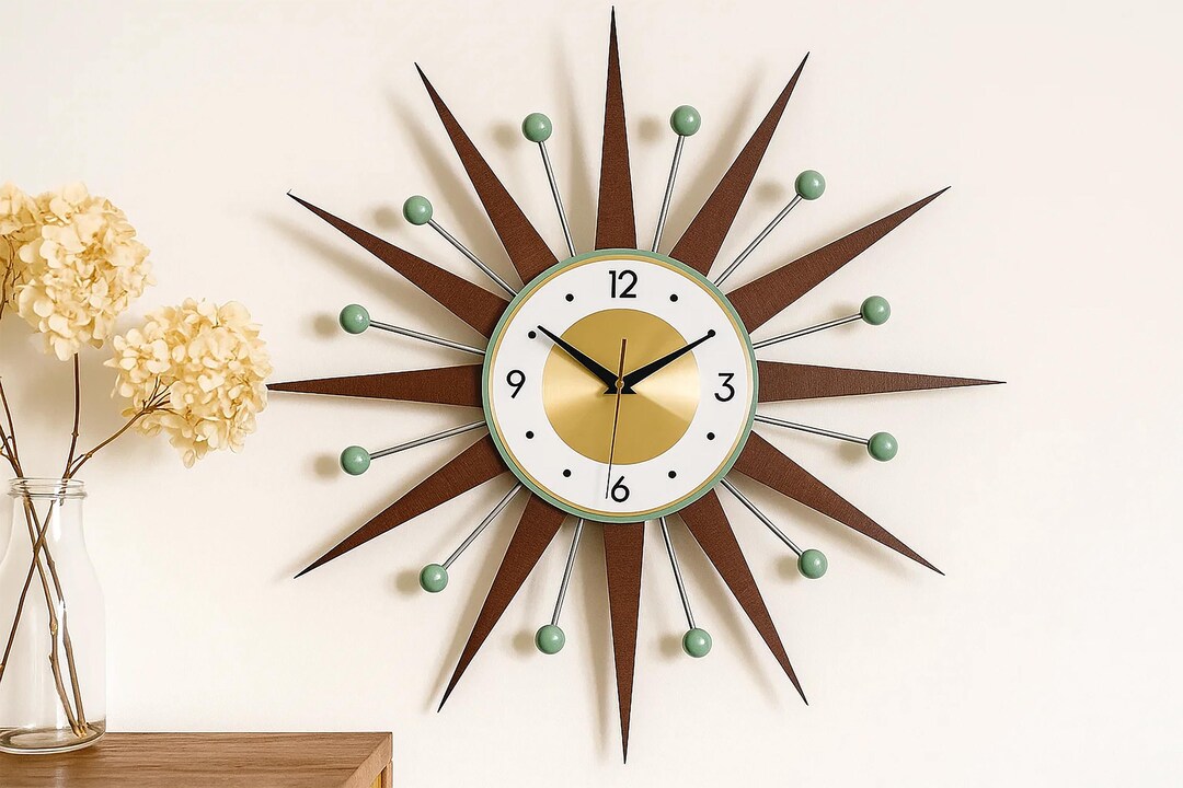 Mid Century Modern Starburst Wall Clock: Wood Rays & Mint Accents - Etsy