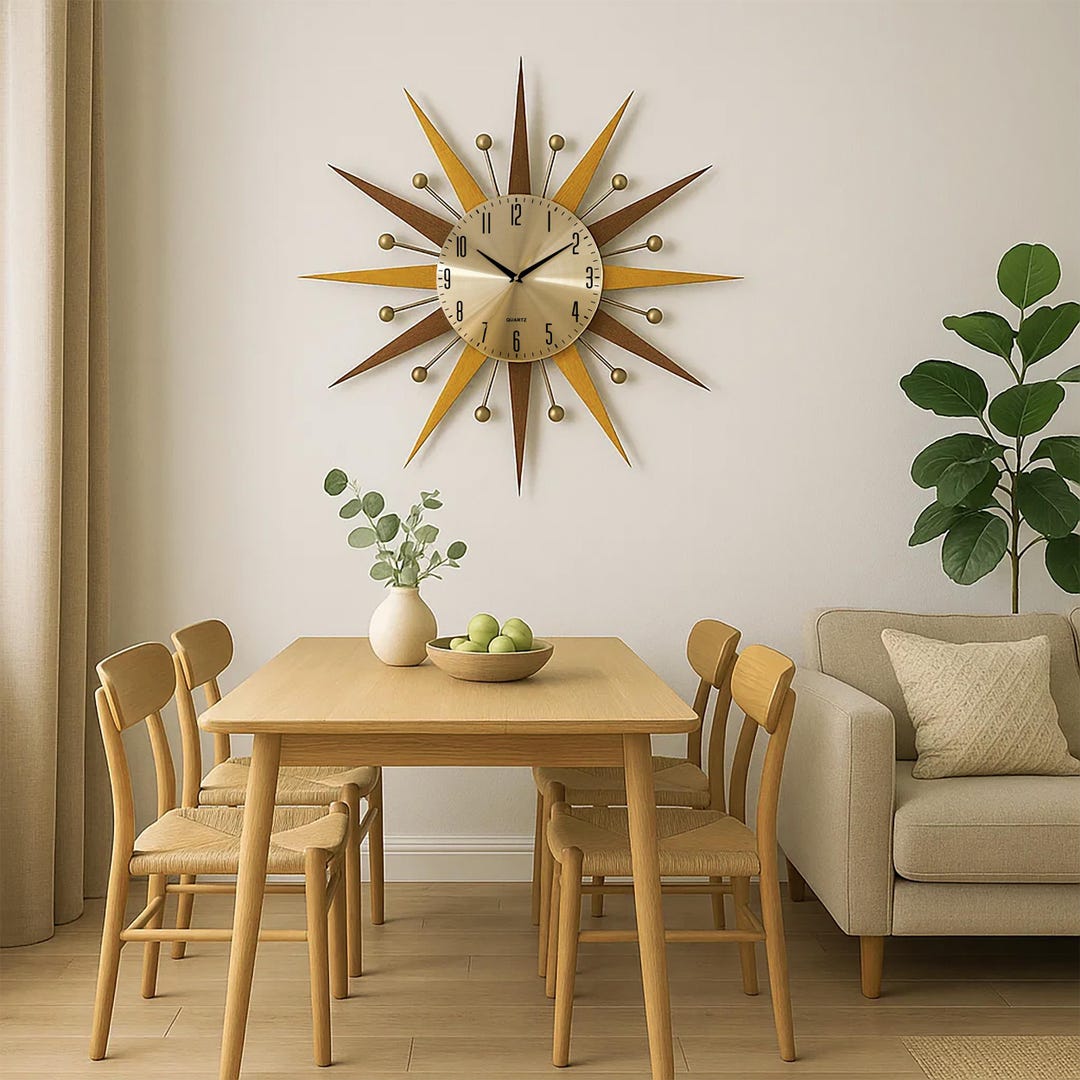 Mid-century Modern Starburst Wall Clock – Retro Sunburst Clock – Gold ...