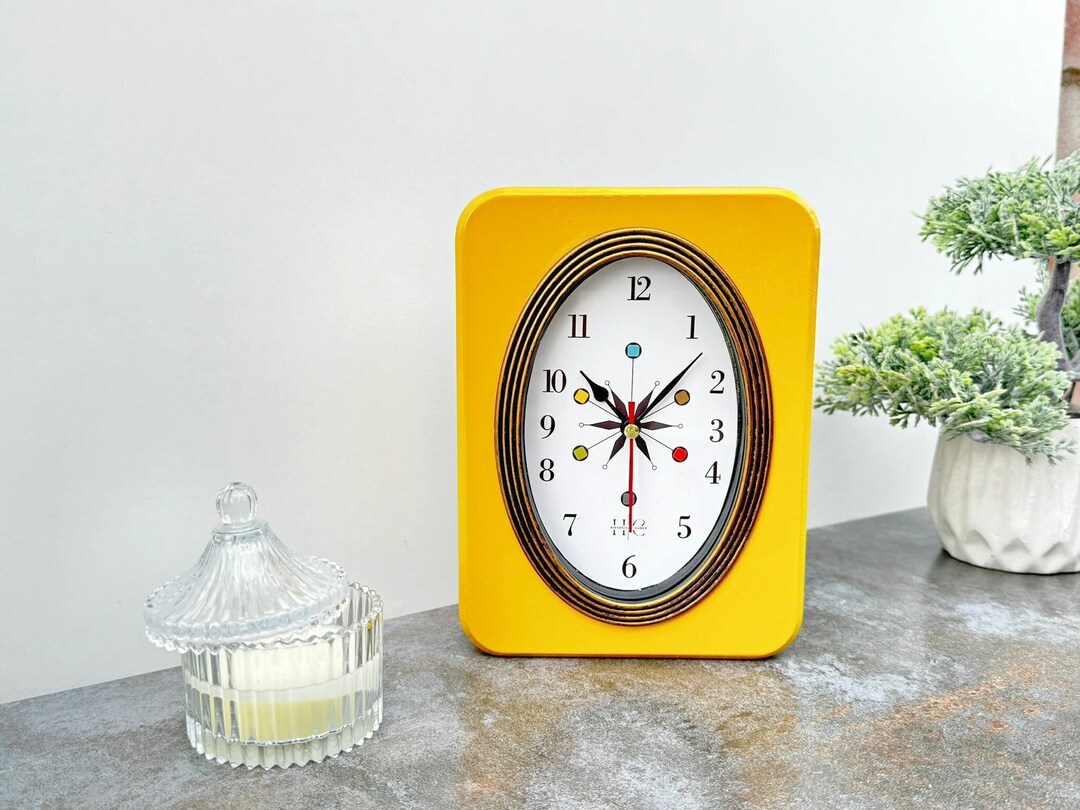 Atomic Small Clock Desk Clock Yellow Orange Mid Century Modern Clock ...