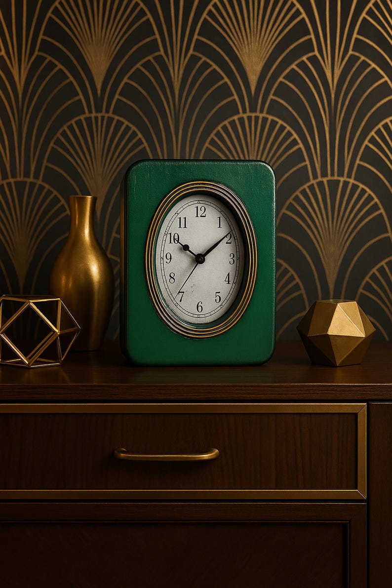 Vintage Emerald Green Table Clock: Art Deco Silent Quartz Desk Decor - Etsy
