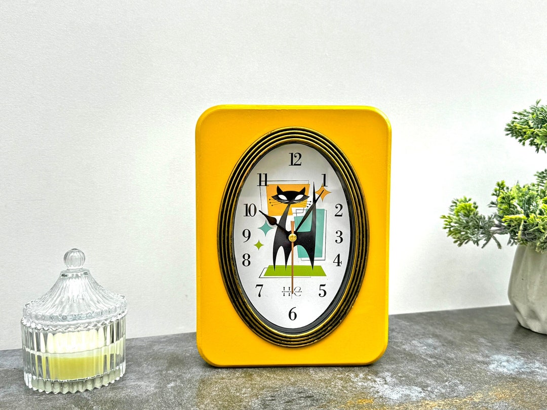 Atomic Cat Small Clock Desk Clock Yellow Orange Mid Century Modern ...