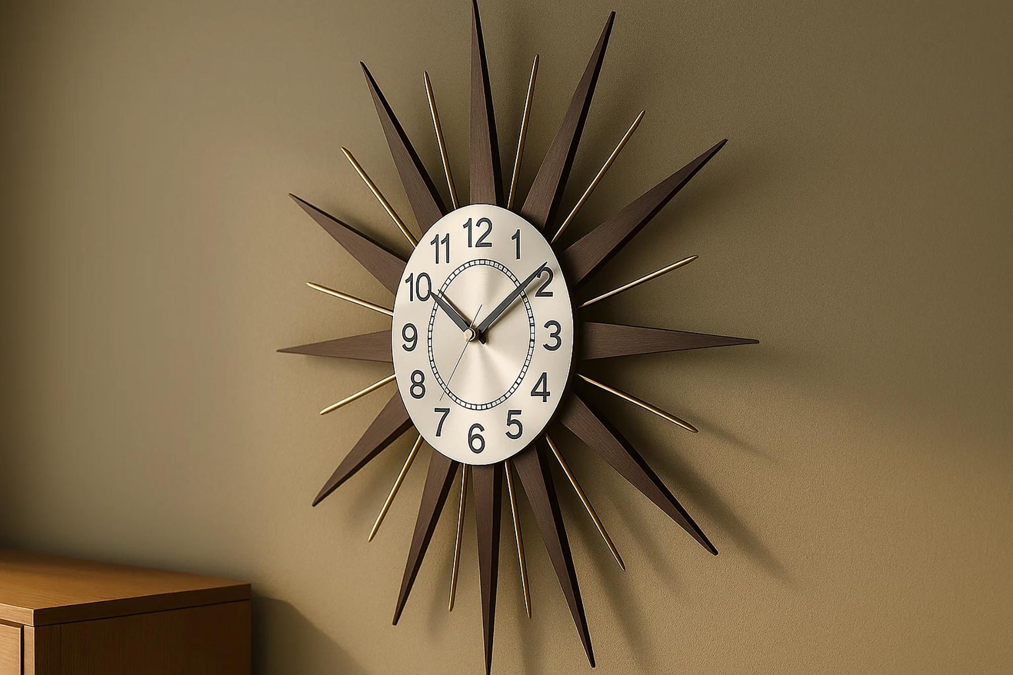 Mid Century Modern Starburst Wall Clock, Walnut & Silver, Retro Decor ...