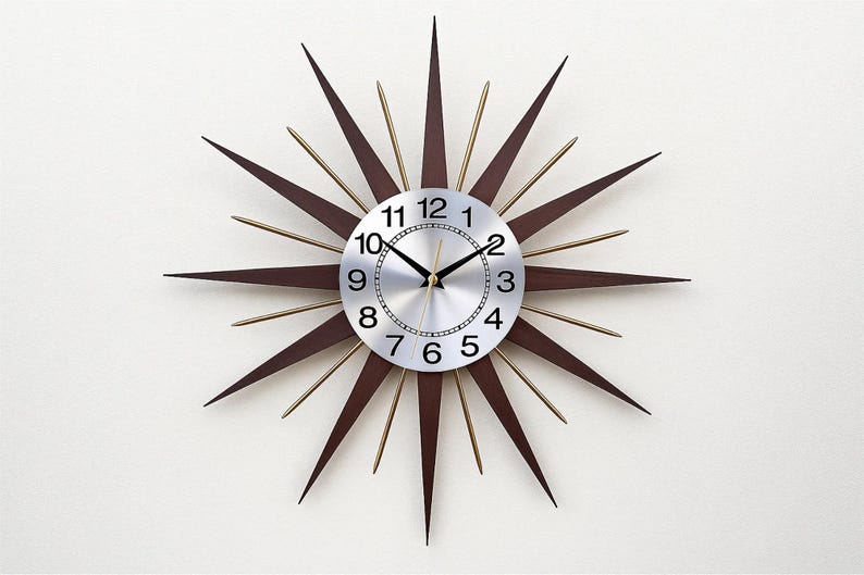 Mid Century Modern Starburst Wall Clock, Walnut & Silver, Retro Decor ...