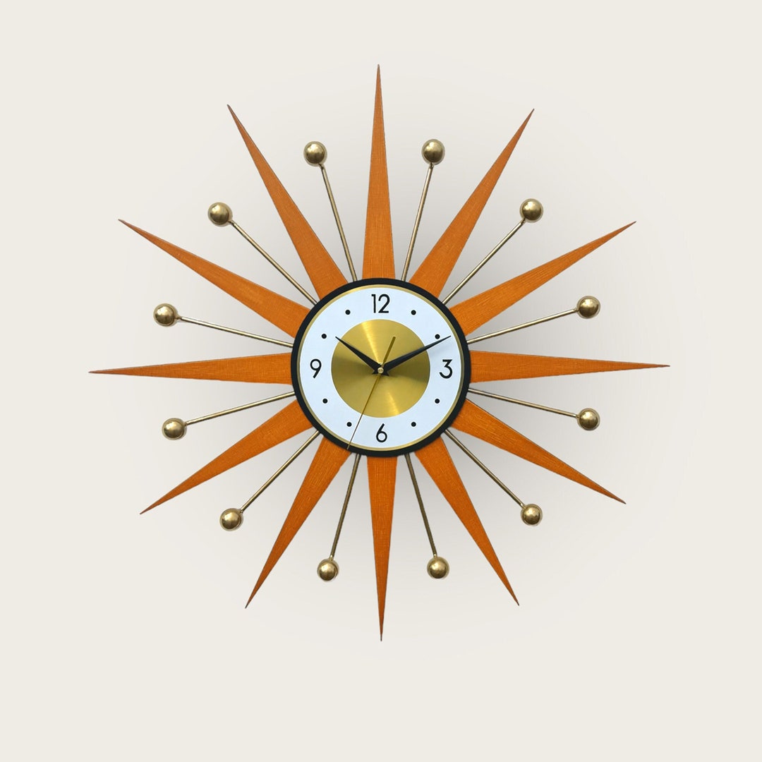 25" Burnt Orange Starburst Wall Clock Atomic Retro Wall Clock Gold ...
