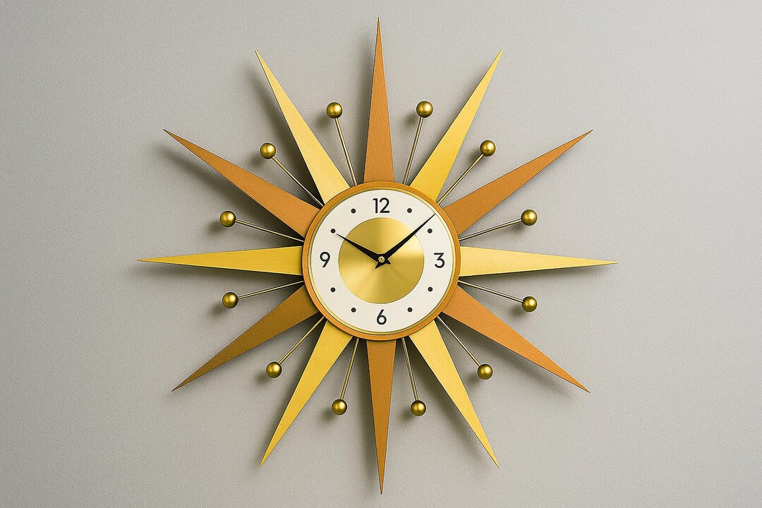 Handmade Mid Century Modern Starburst Wall Clock, Walnut & Amber - Etsy