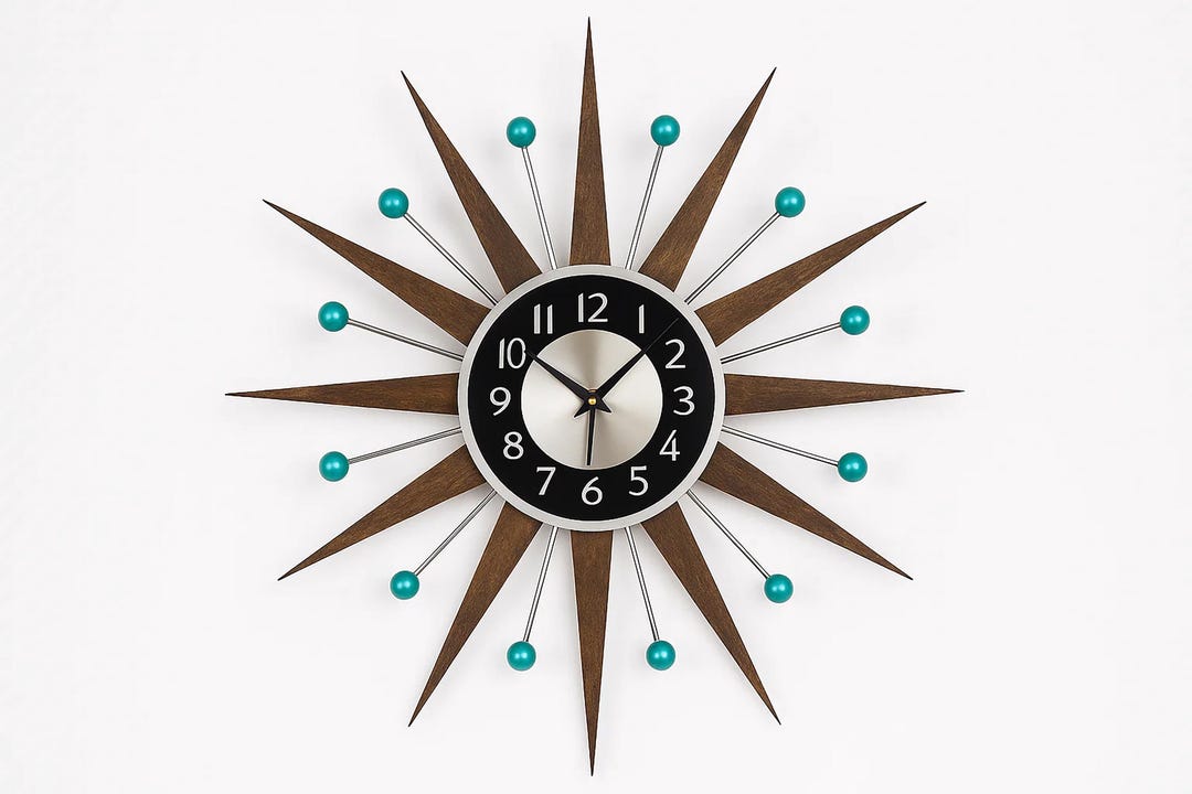 Mid Century Modern Starburst Wall Clock, Retro Atomic Sunburst Clock 30 ...