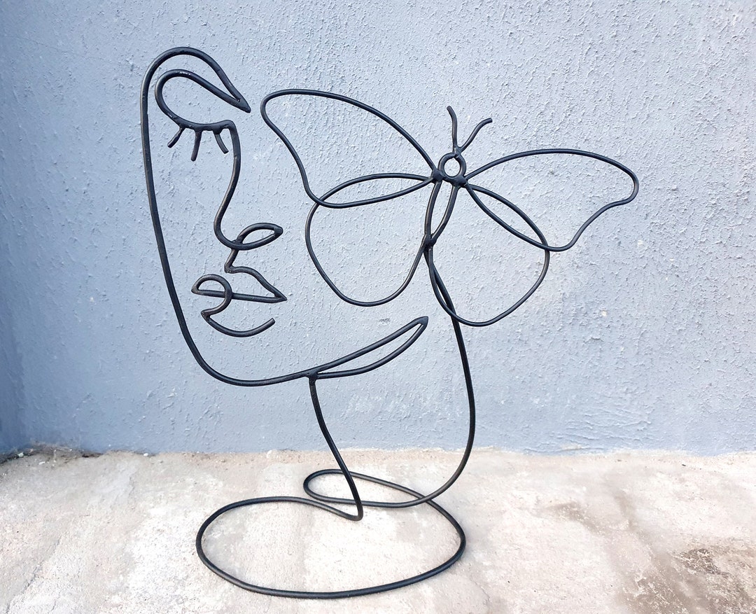14" Women Face Butterfly Wire Sculpture Geometric Art Wire Art Metal ...