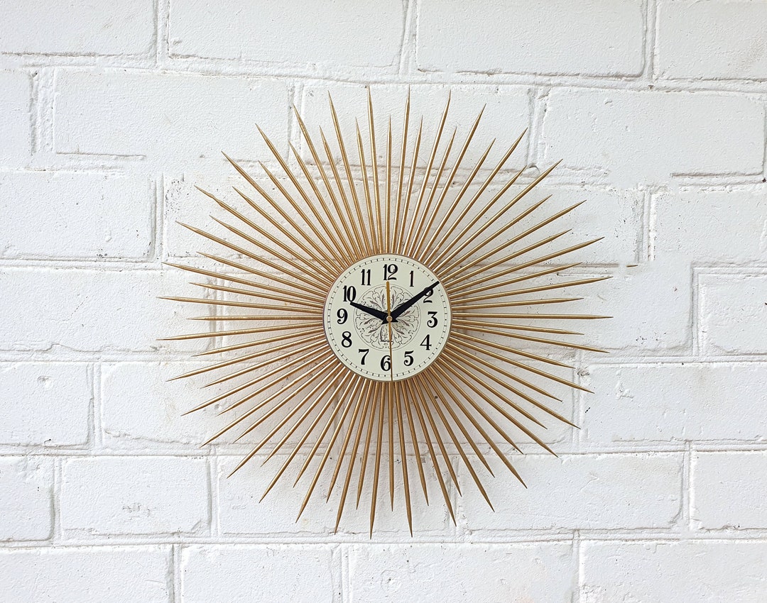 Gold Sunburst Wall Clock - Wooden Clock for Home Decor, Large Silent ...
