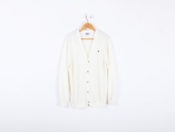 Cardigan creme clair Izod Lacoste vintage des annees 90 tricot Orlon oversize pull preppy universitaire homme XL Etsy France