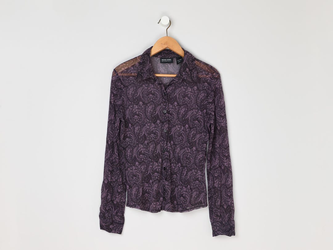 Vintage Y2k Dark Purple Paisley Semi-sheer Button-up Top - 2000s ...