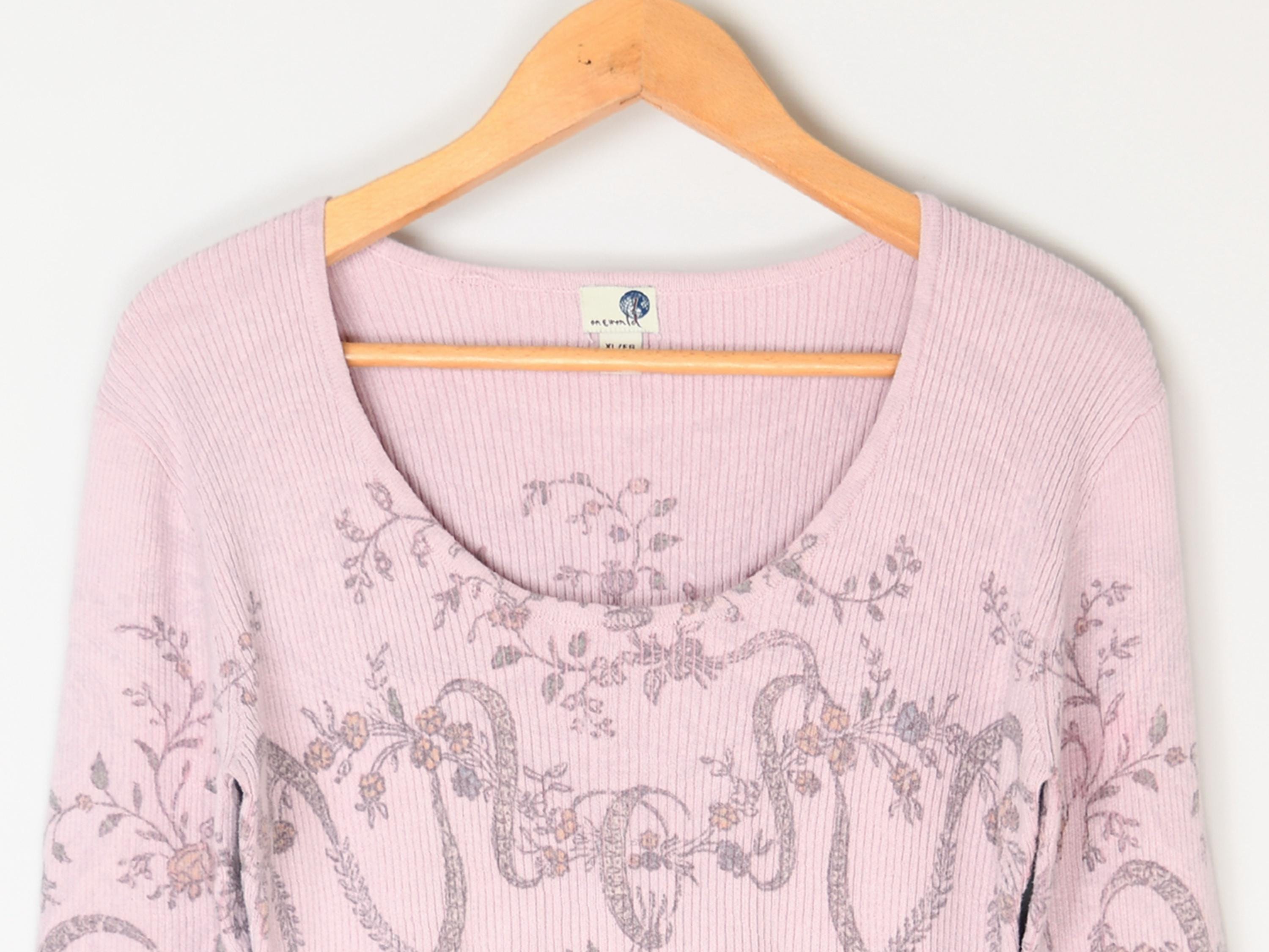 Vintage Y2k Pink Patterned Long-sleeve Knit Top - 2000s Clothing ...