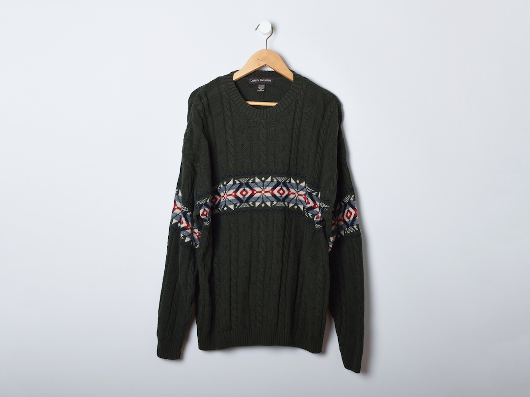 Vintage 90s Dark Green & Fair Isle Cable Knit Sweater - "liberty ...