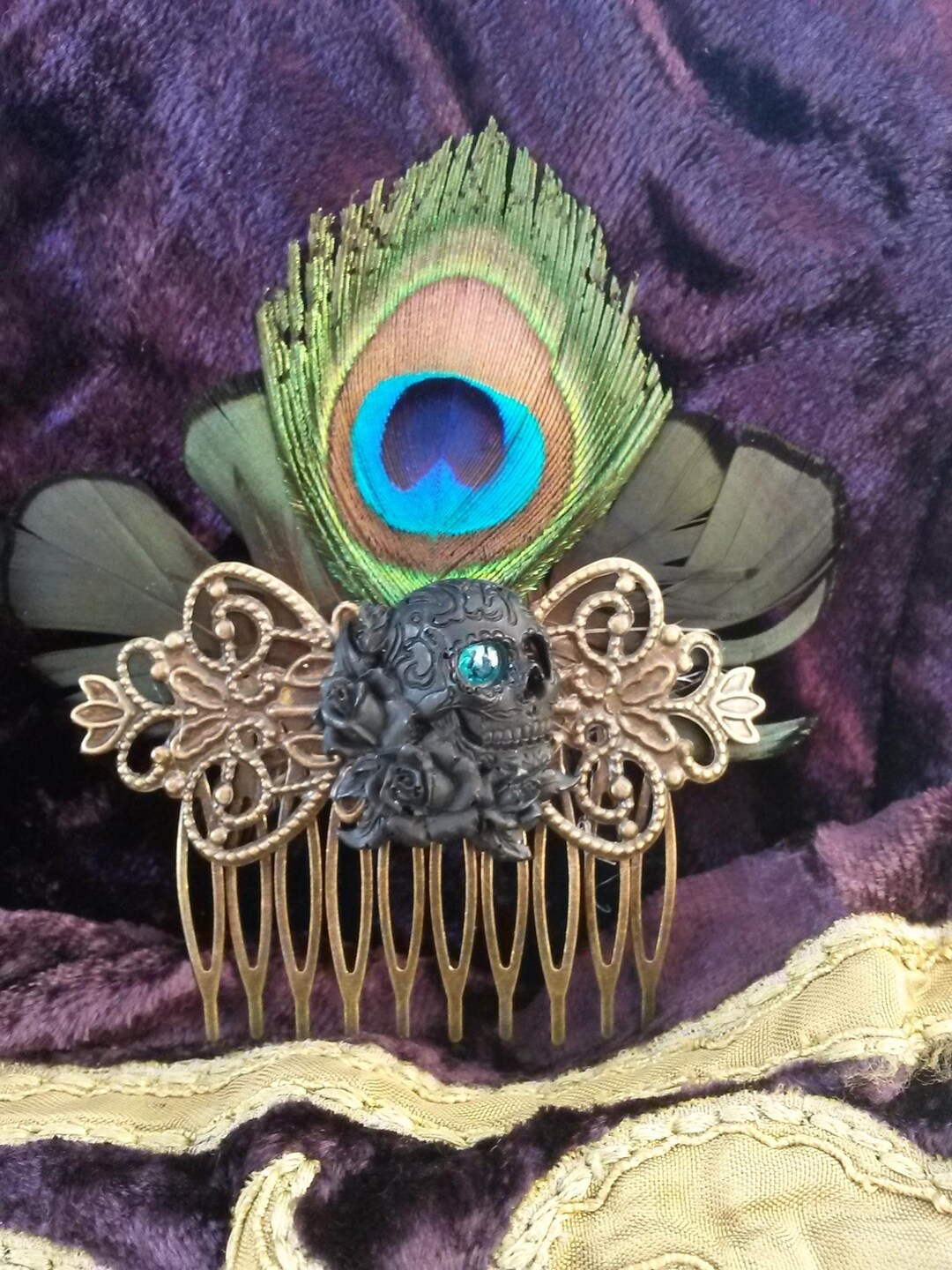 FILIGREE SKULL HAIRCOMB With Peacock and Duck Feather Spray - Etsy
